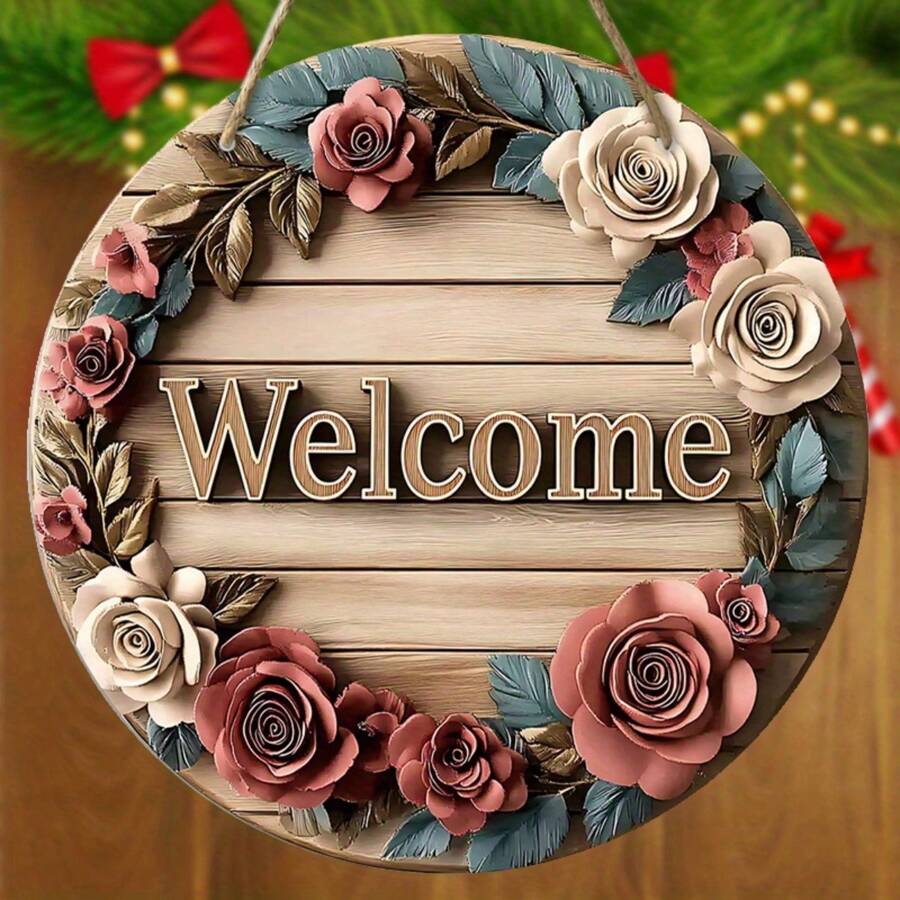 Charming Wooden Welcome Wreath Sign - 2D Floral Design, Suitable For ...