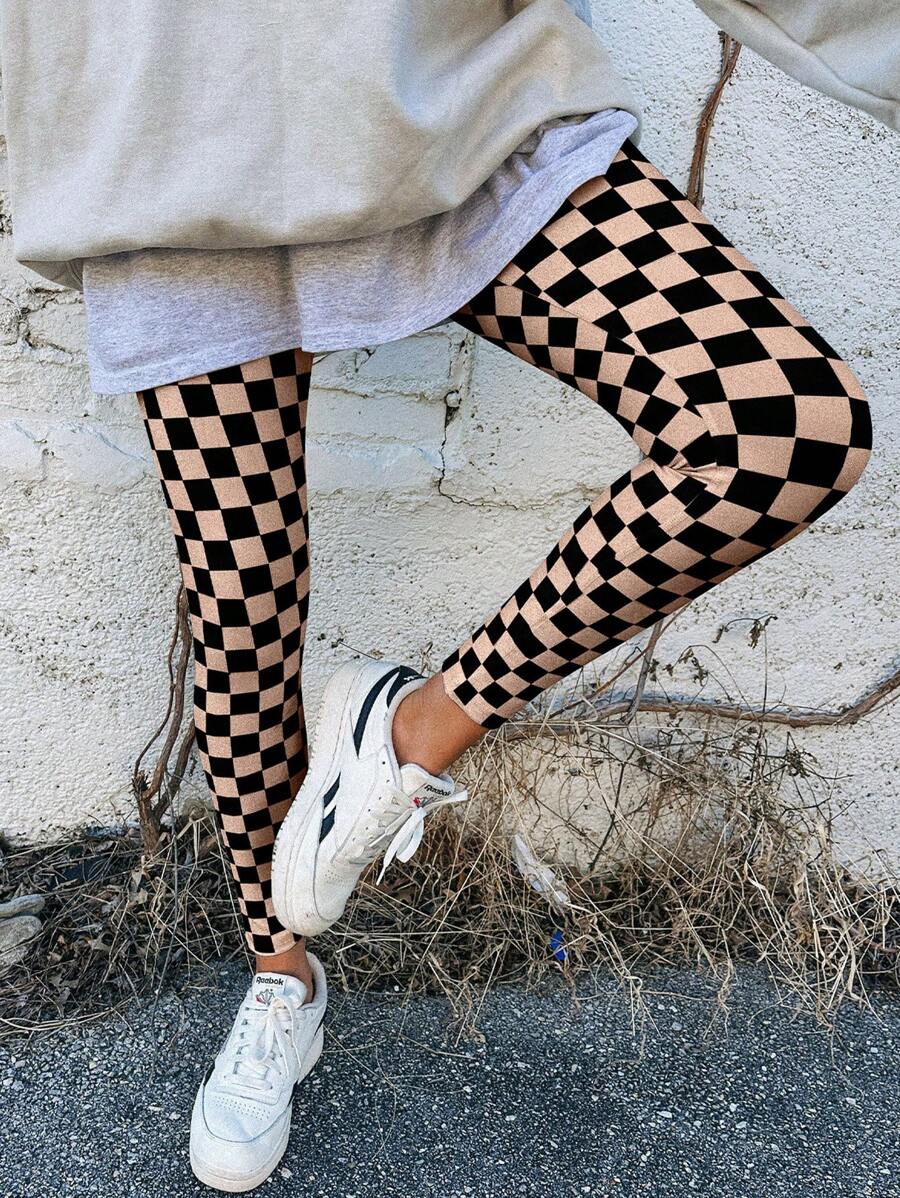 Women's Checkered Pattern High Waist Skinny Casual Leggings | SHEIN USA