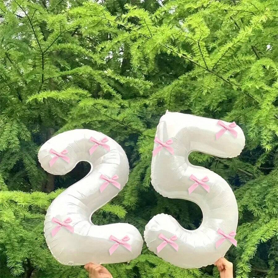 40inch Pink Bow Decor White Number Balloons, 1-30 White Number Foil ...