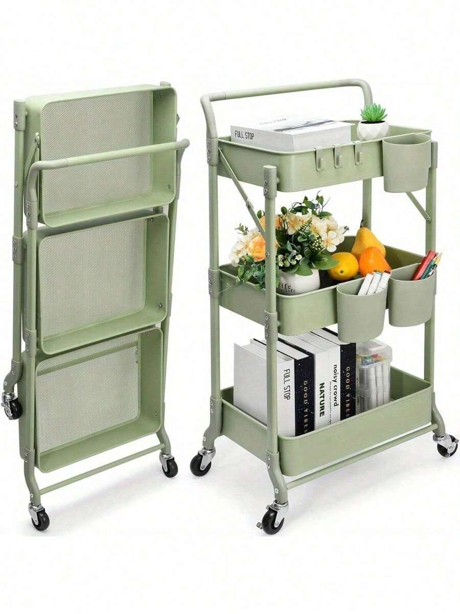 Foldable 3 Tier Rolling Cart, Metal Utility Cart, Folding Mobile Multi ...