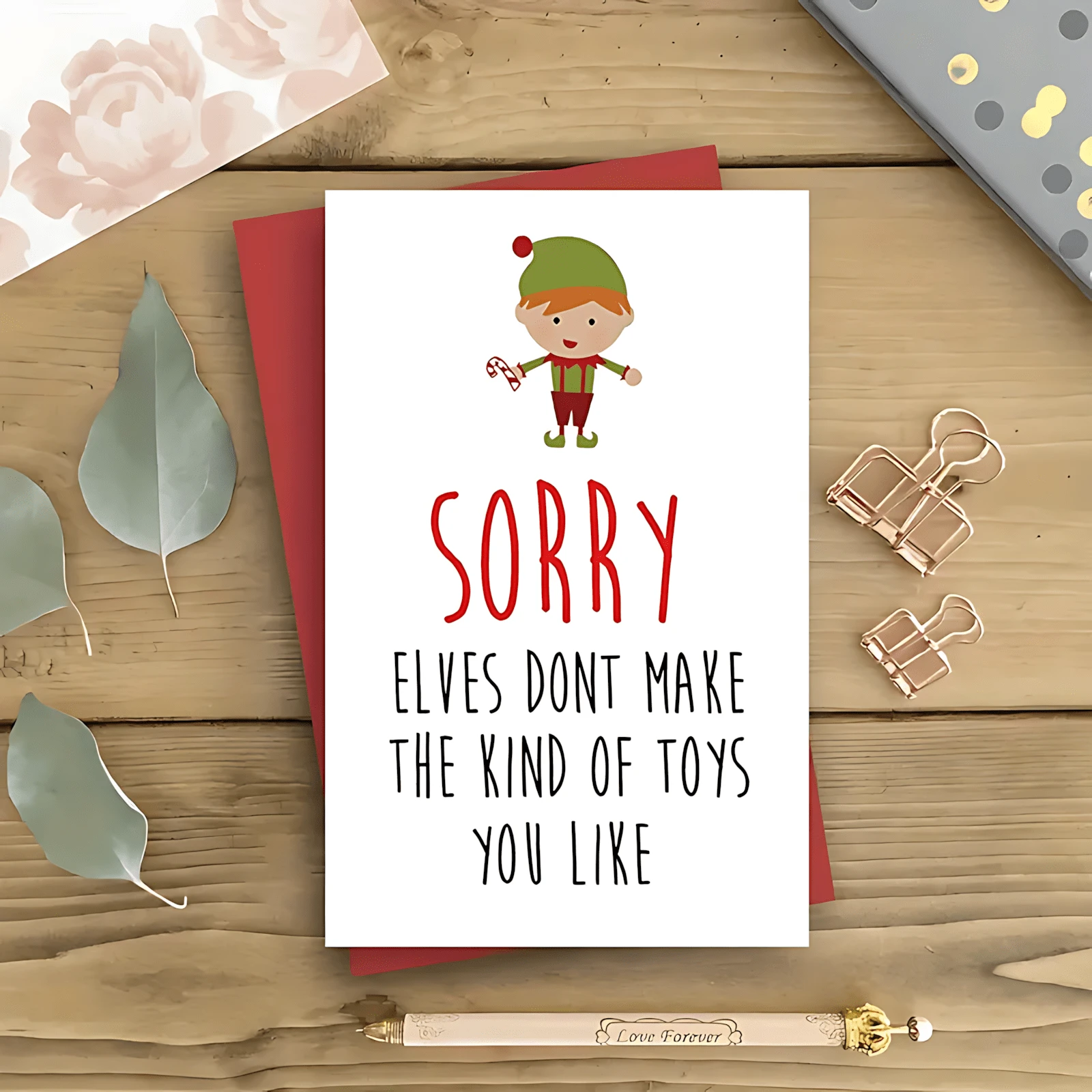 クリスマスカード - 面白いデザイン、漫画のエルフとキャンディケイン、ご家族やご友人へ - 誰かへの謝罪メッセージつきホリデーノート ...