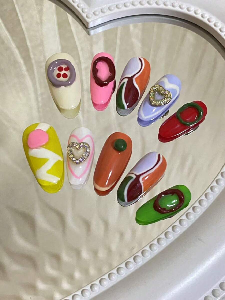 10-Piece Pure Hand-Worn Nail Oval Hand-Painted Love Line Crystal Stone ...