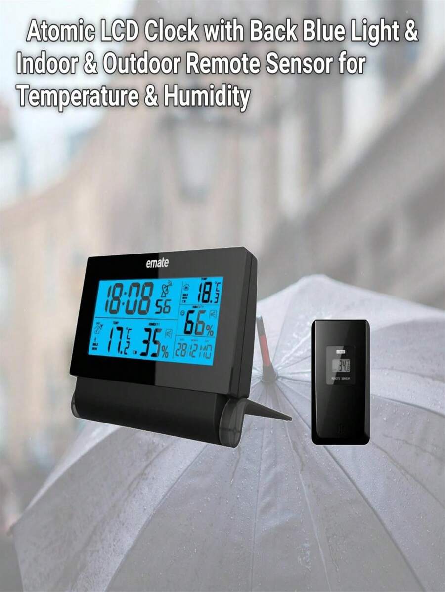 Atomic LCD Clock With Back Blue Light & Indoor & Outdoor Remote Sensor ...