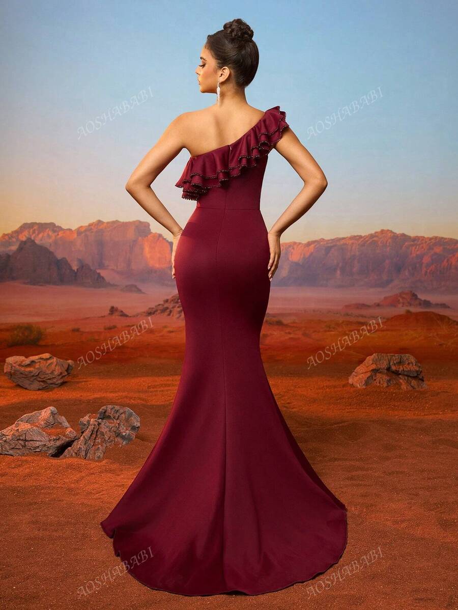 فستان سهرة طويل للسيدات بأكتاف مائلة، بطول شق إلى الفخذ، برباط سحاب ...