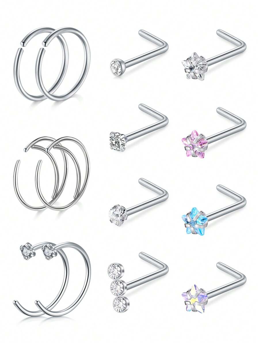 CIZME 14pcs Nose Stud Ring Pack 20G Stainless Steel Silver Nose Bone L ...