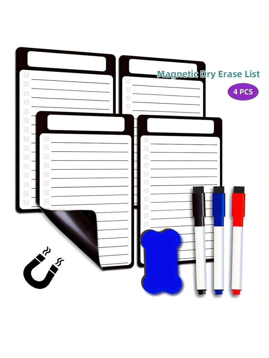A Magnetic Small Memo With Three Pens, An Eraser, A Shopping List, A ...