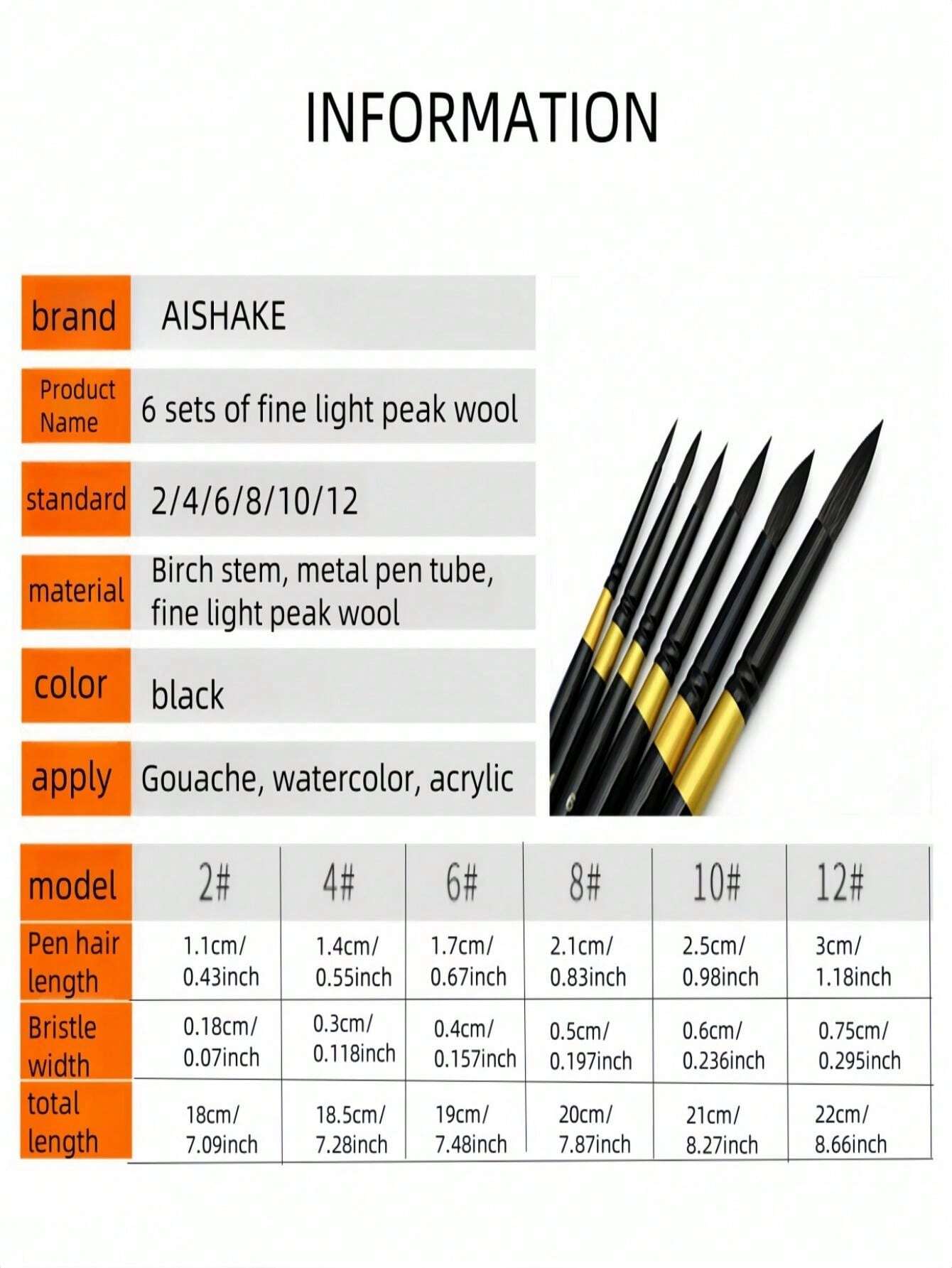 2#-12# Black Stick Swan Artist Brushes, Round, Wool Imitation Squirrel ...