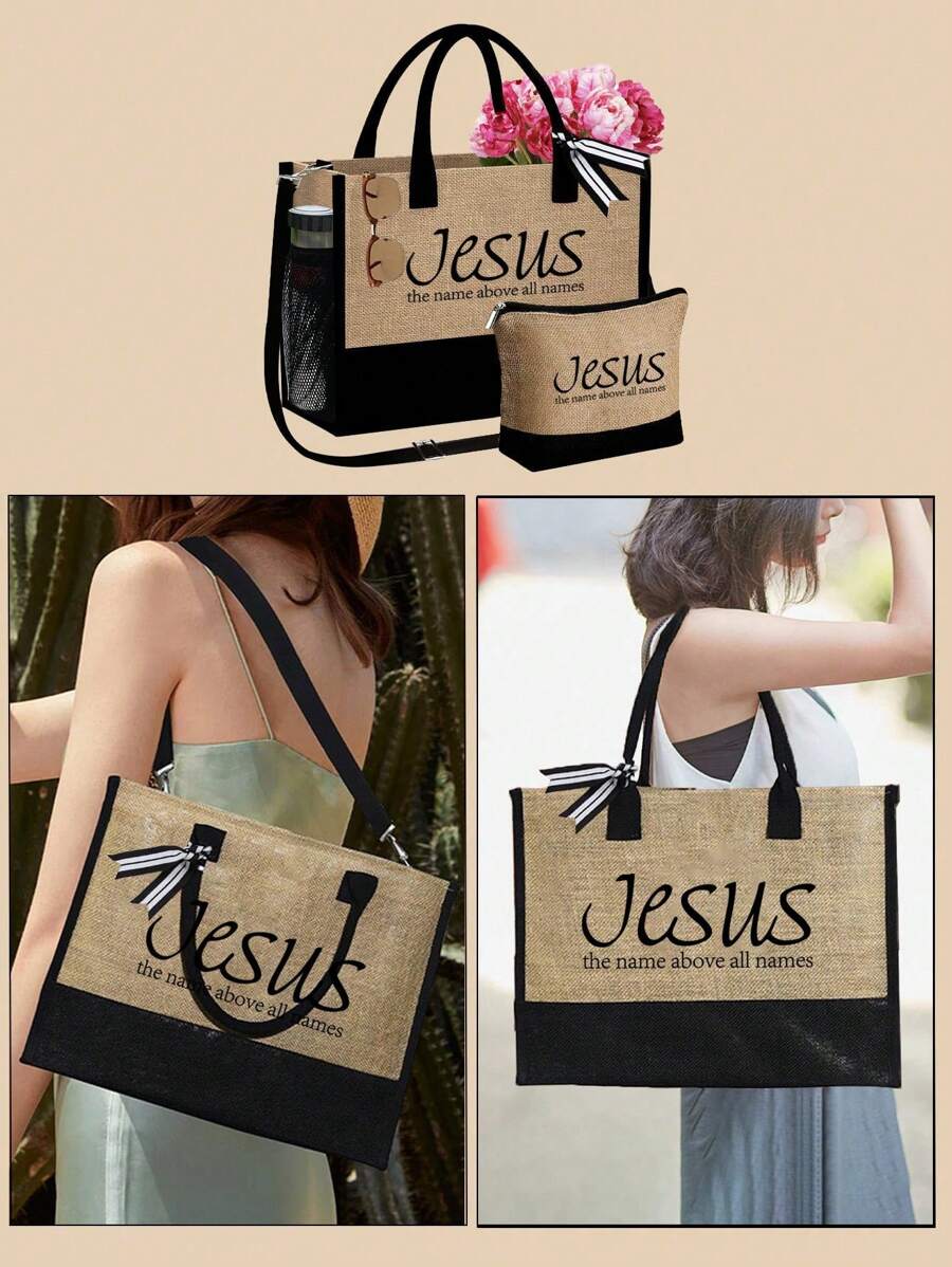 "JESUS" Letter Pattern Canvas Tote Bag, With Shoulder Strap,Faith Over ...