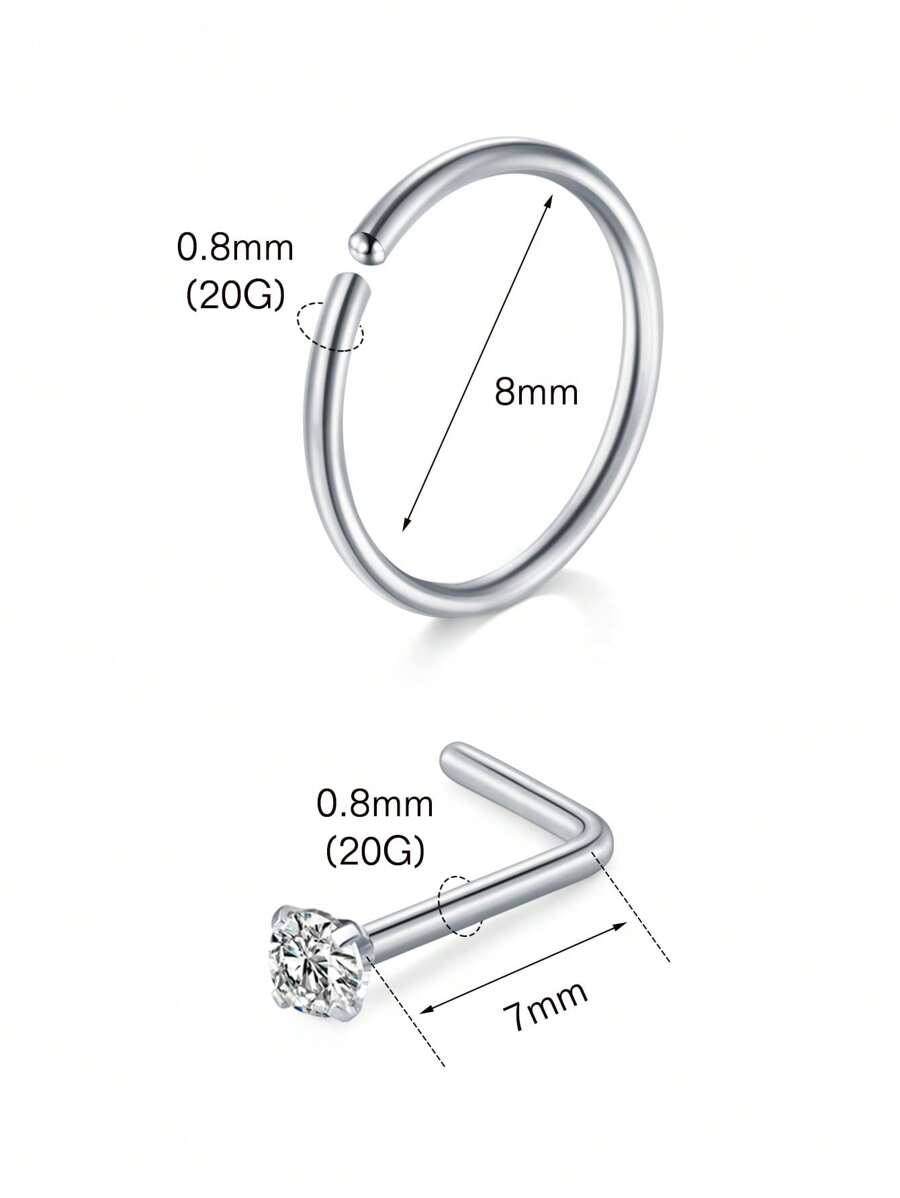 CIZME 14pcs Nose Stud Ring Pack 20G Stainless Steel Silver Nose Bone L ...