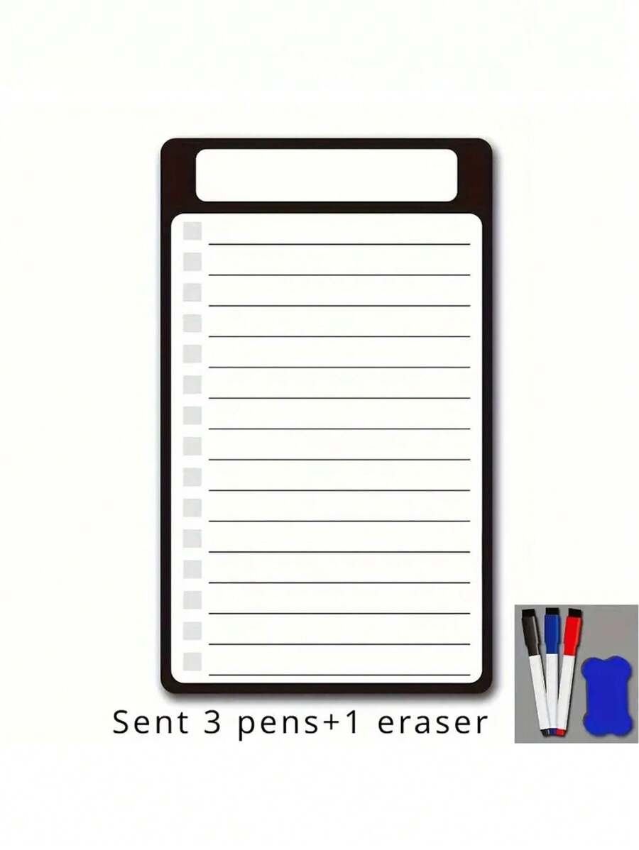 Un blocco note magnetico piccolo con tre penne, una gomma da cancellare ...