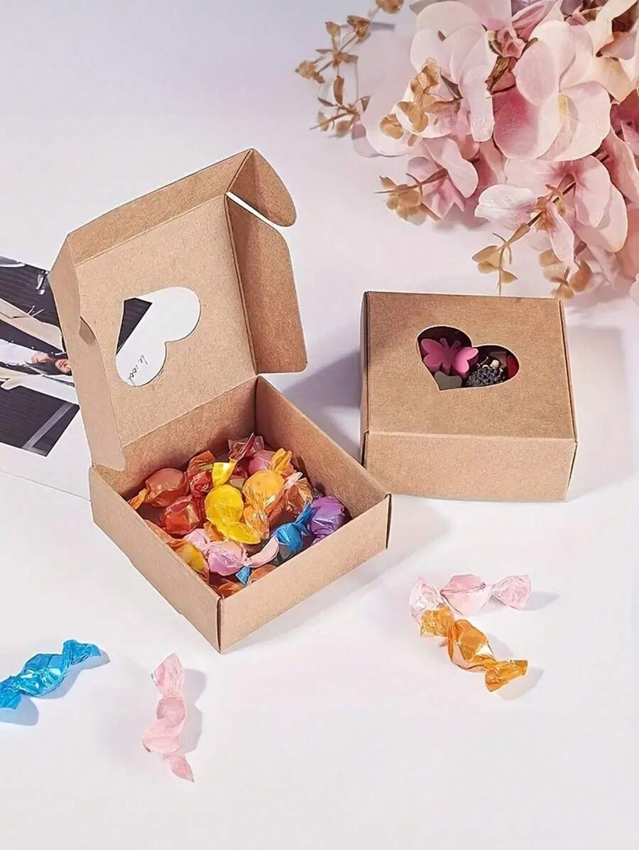 6/10pcs Kraft Paper Favor Boxes With Cut-Out Heart Design Square, DIY ...