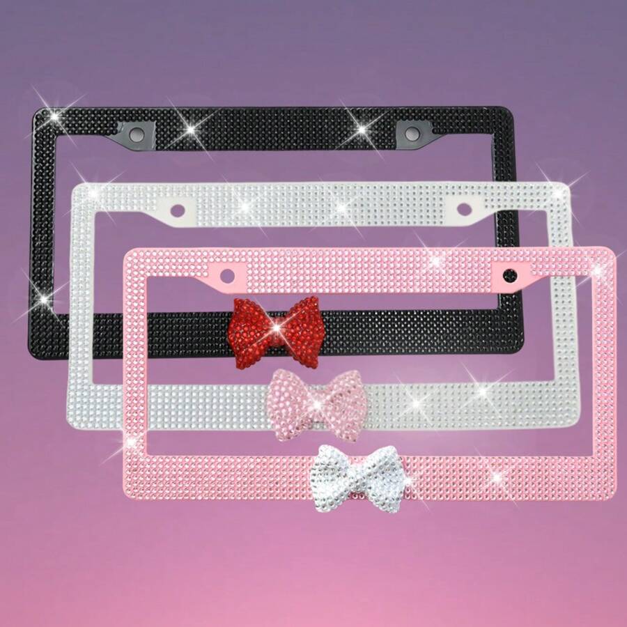 1pc/2pcs Bling Bow Tie Plastic License Plate Frame, Handmade With Shiny ...