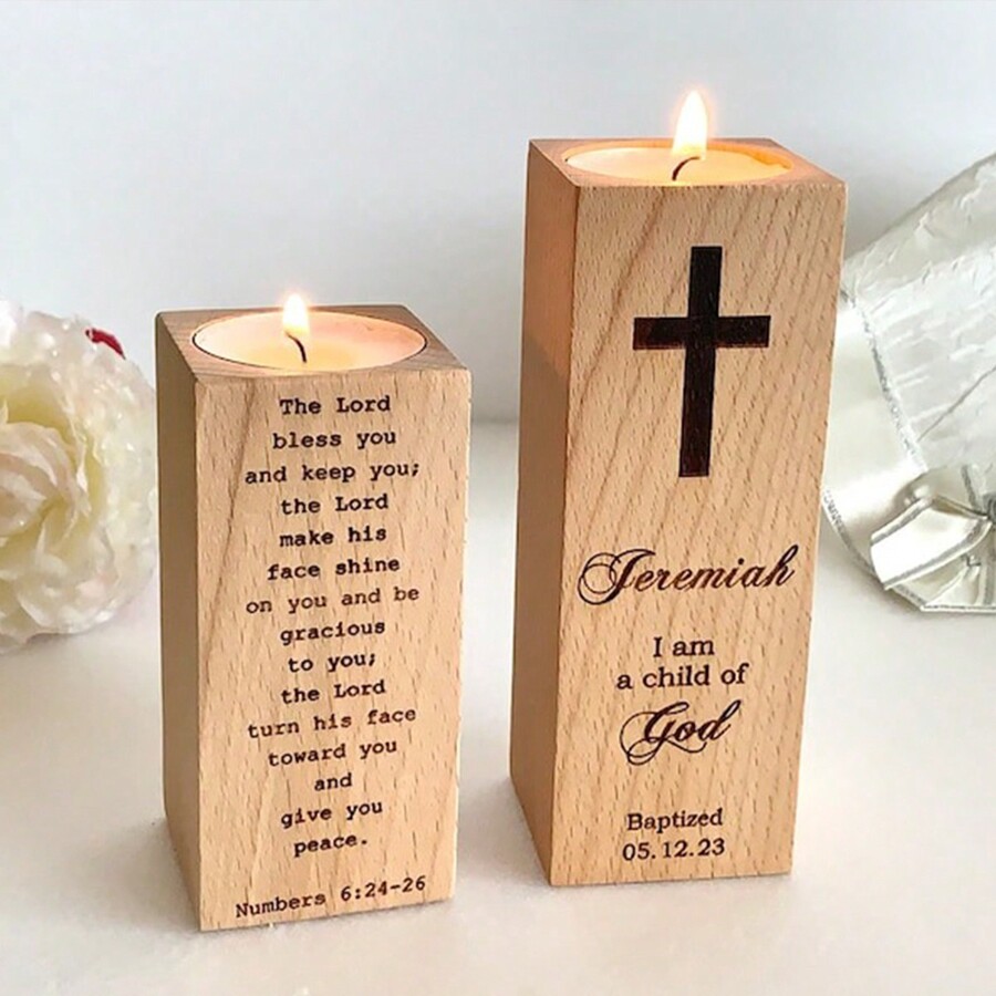 Personalized Religious Candle Holder Engraved Baptism Cross Bible Verse ...