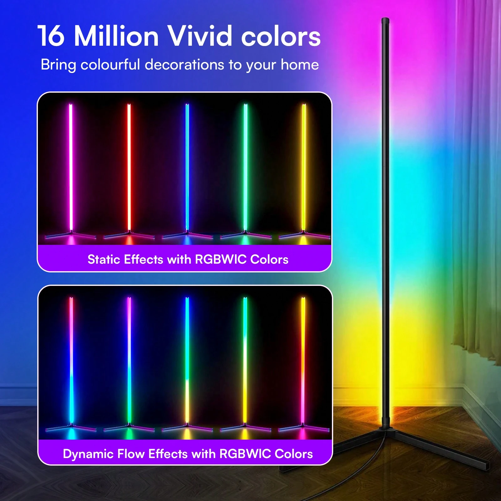 56-Inch Smart RGB LED Corner Floor Lamp With App And Remote Control ...