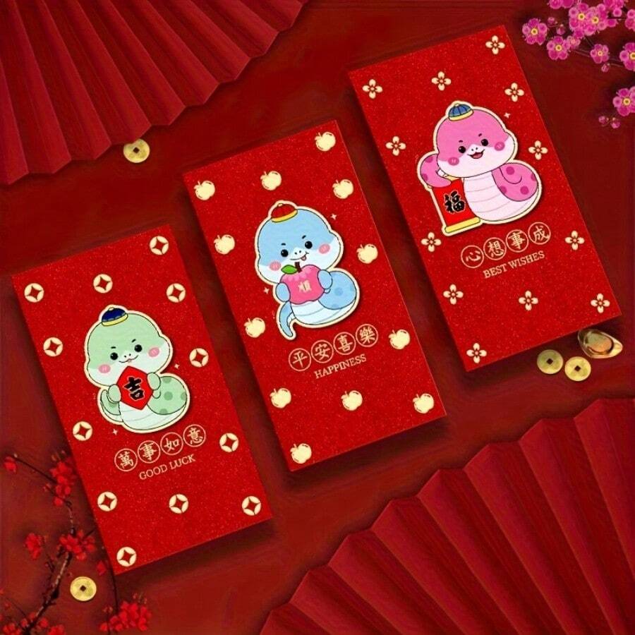 18pcs/Set 2025 New Year Red Envelopes, Glitter Snake Themed Ang Pao ...