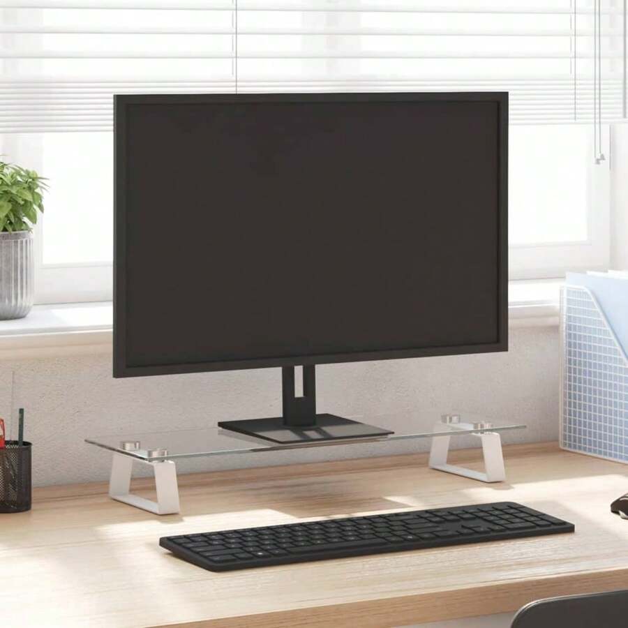 Sleek White Monitor Stand With Tempered Glass And Metal Design 60x20x8 ...