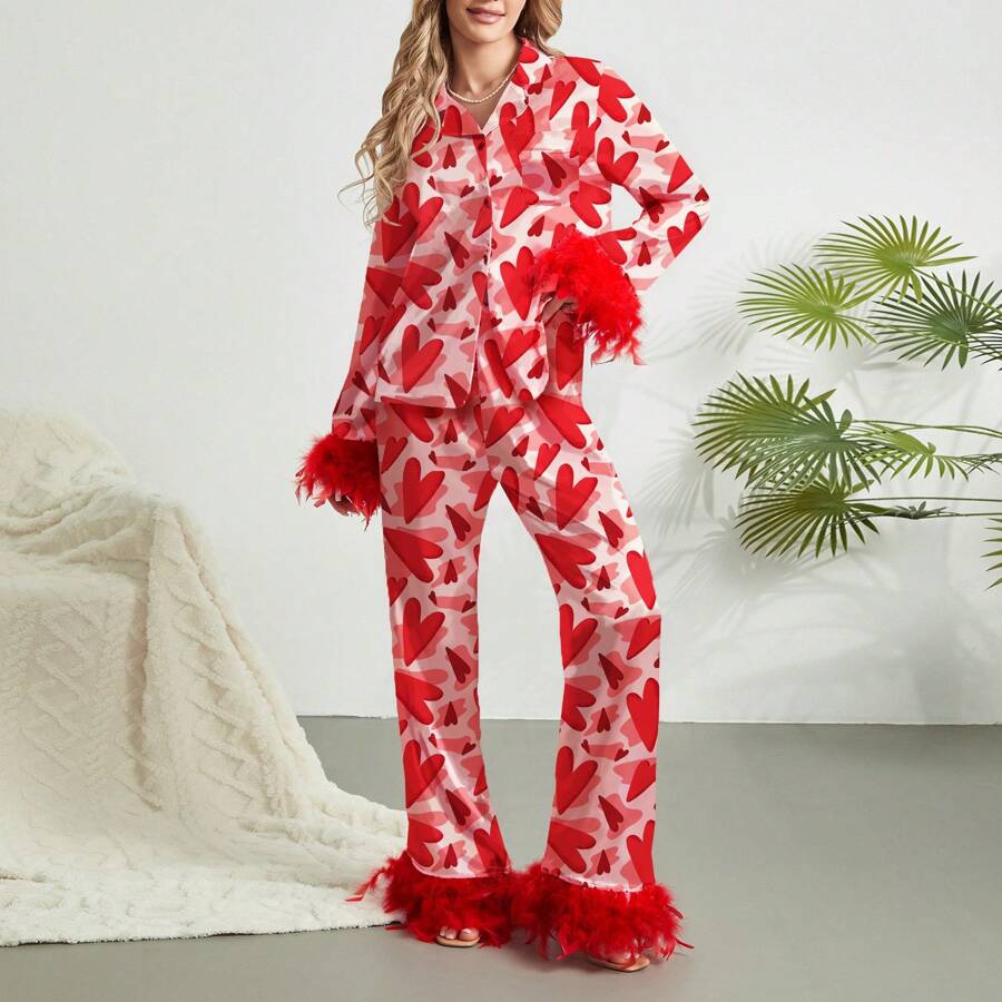 Womens Satin Pajamas Feather Trim PJs Set Heart Print Long Sleeve Button Top 2 Piece Lounge ...