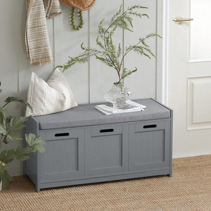 Haotian FSR80-SG Grey Storage Bench With 2 Cabinets 1 Drawer Shoe ...