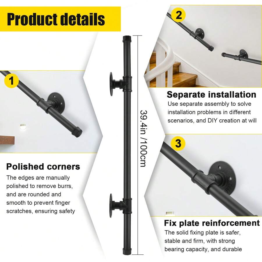 1M Outdoor & Indoor Stair Handrail: Non - Slip Industrial Wrought Iron ...