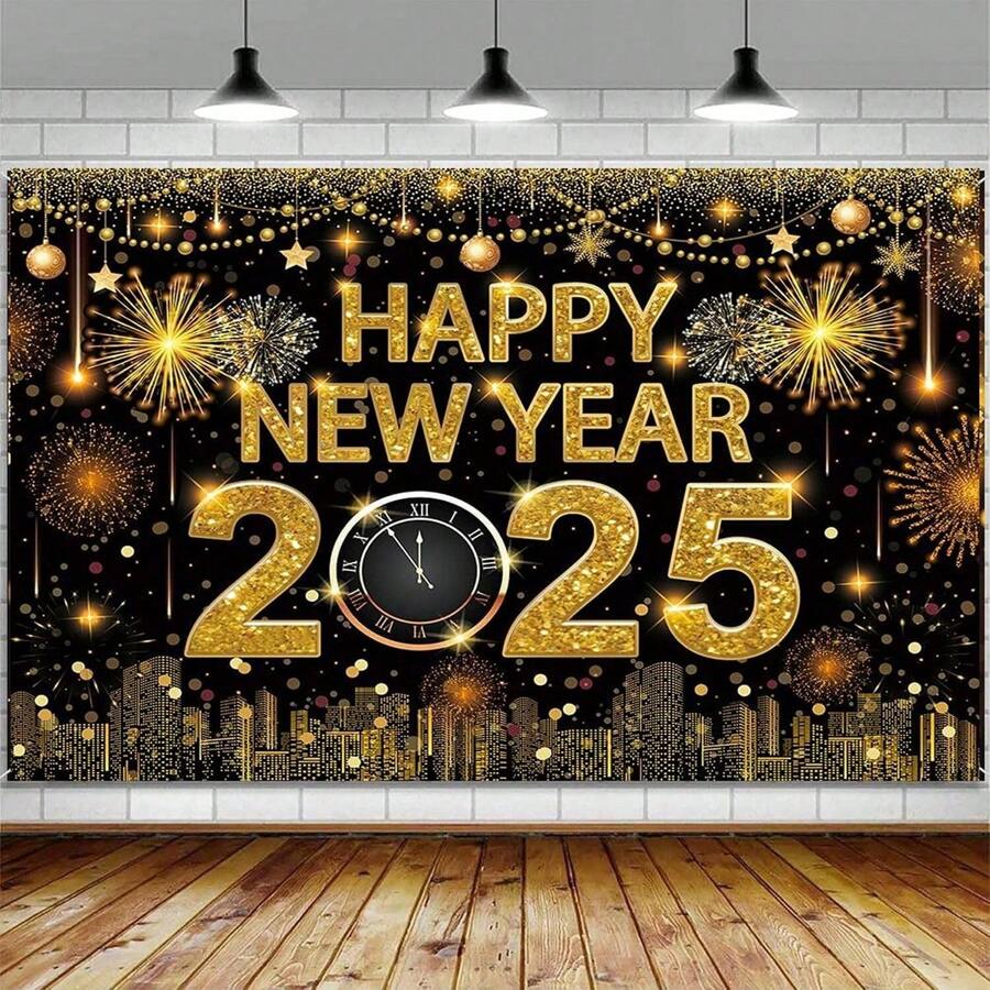 1 X 1.5M 2025 New Year Black Gold Clock Backdrop, New Year Banner ...
