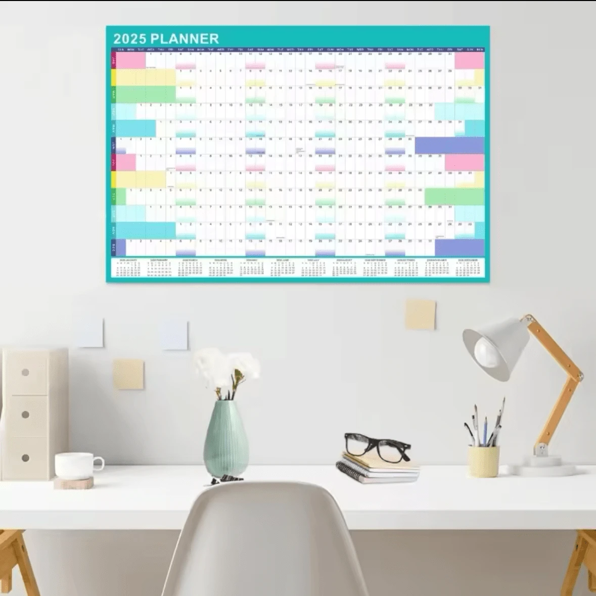 تقويم حائط سنوي 2025 مع قلم ماركر قابل للمسح وملصقات نقطية لاصقة ، مخطط ...