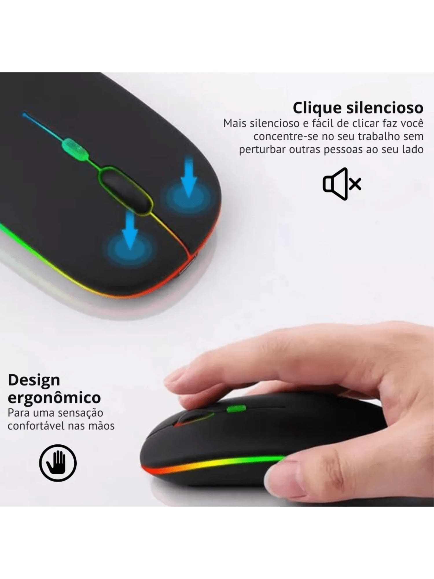 Mouse Sem Fio Recarregável Wireles Optico Led Rgb Ergonômico (Preto ...