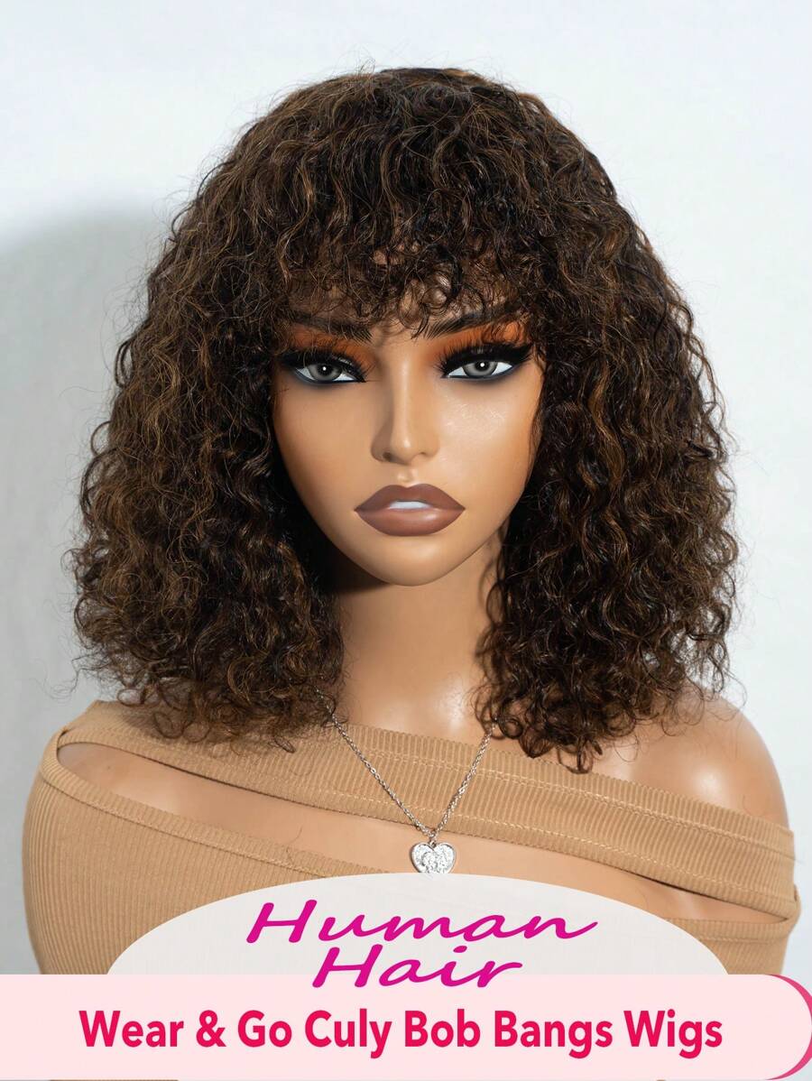 Human Hair Curly Bob Wigs With Bangs Water Wave Remy Human Hair Wig Non Lace Machine Made ...