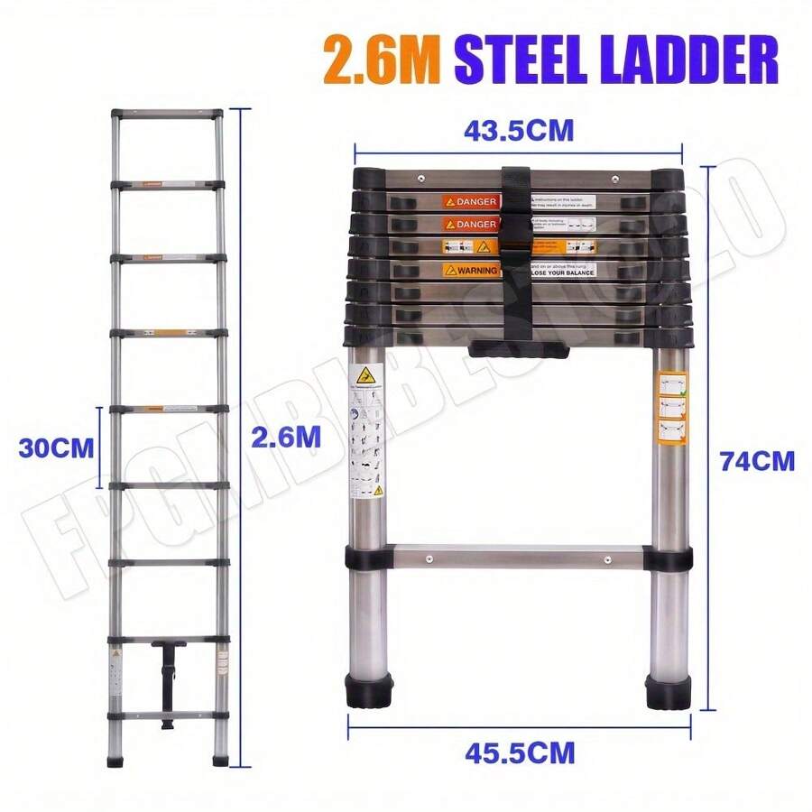 12.5FT Stainless Steel 3.8M Telescopic Ladder, Multi-Purpose Extendable ...