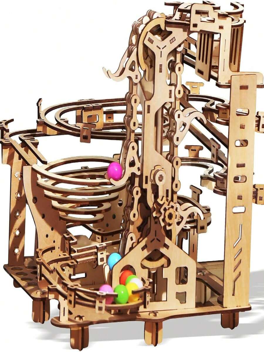 Wooden Marble Run Kit - 3D Puzzle Wood Colored Balls Run Stepped Hoist ...