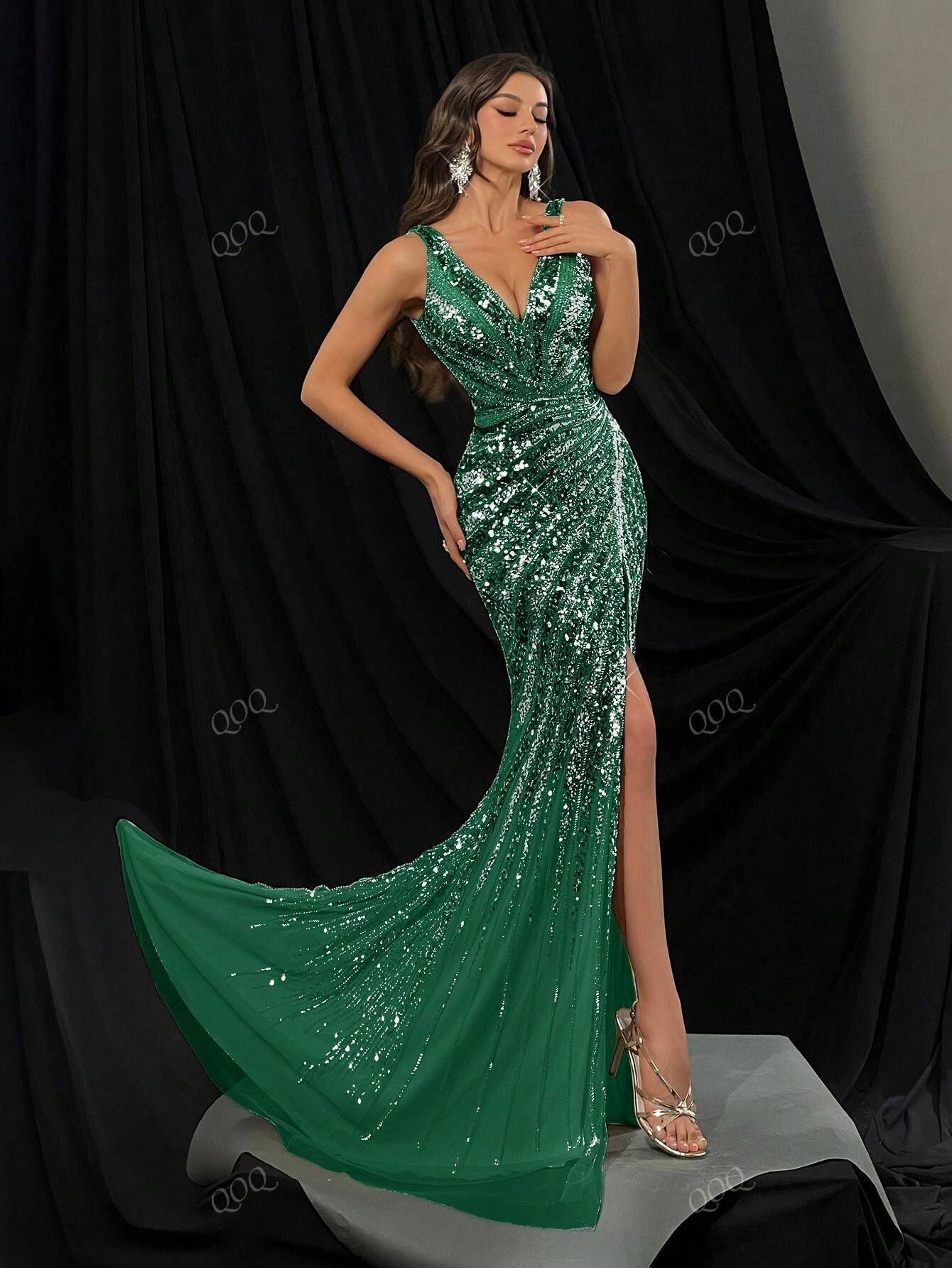 QOQ Robe de soirée de luxe pour femme, avec épaules dénudées, fente ...