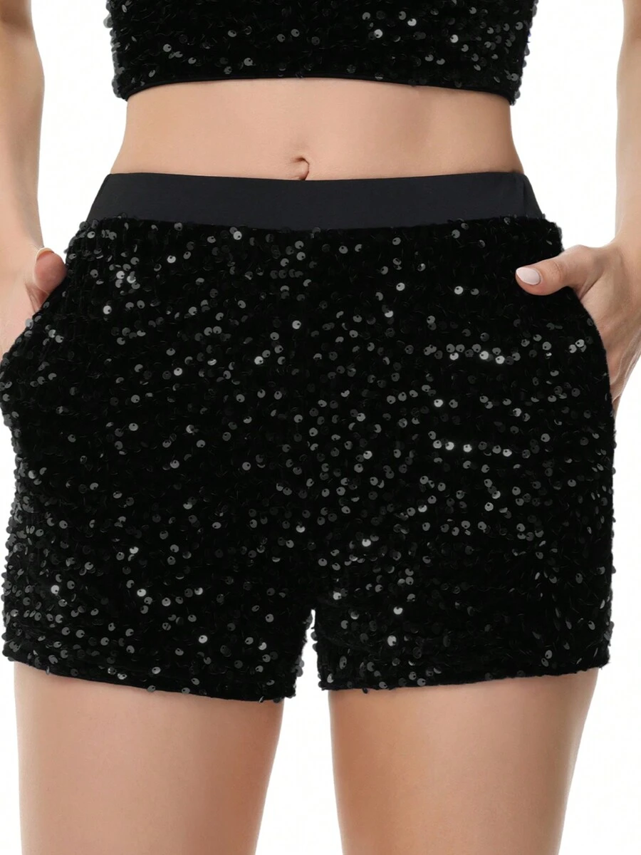 anna-kaci Women's Sparkly Sequin Shorts Elastic Waist Glitter Straight ...