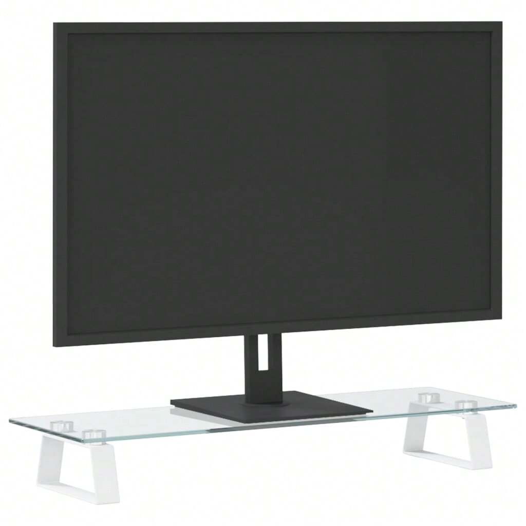 Sleek White Monitor Stand With Tempered Glass And Metal Design 60x20x8 ...