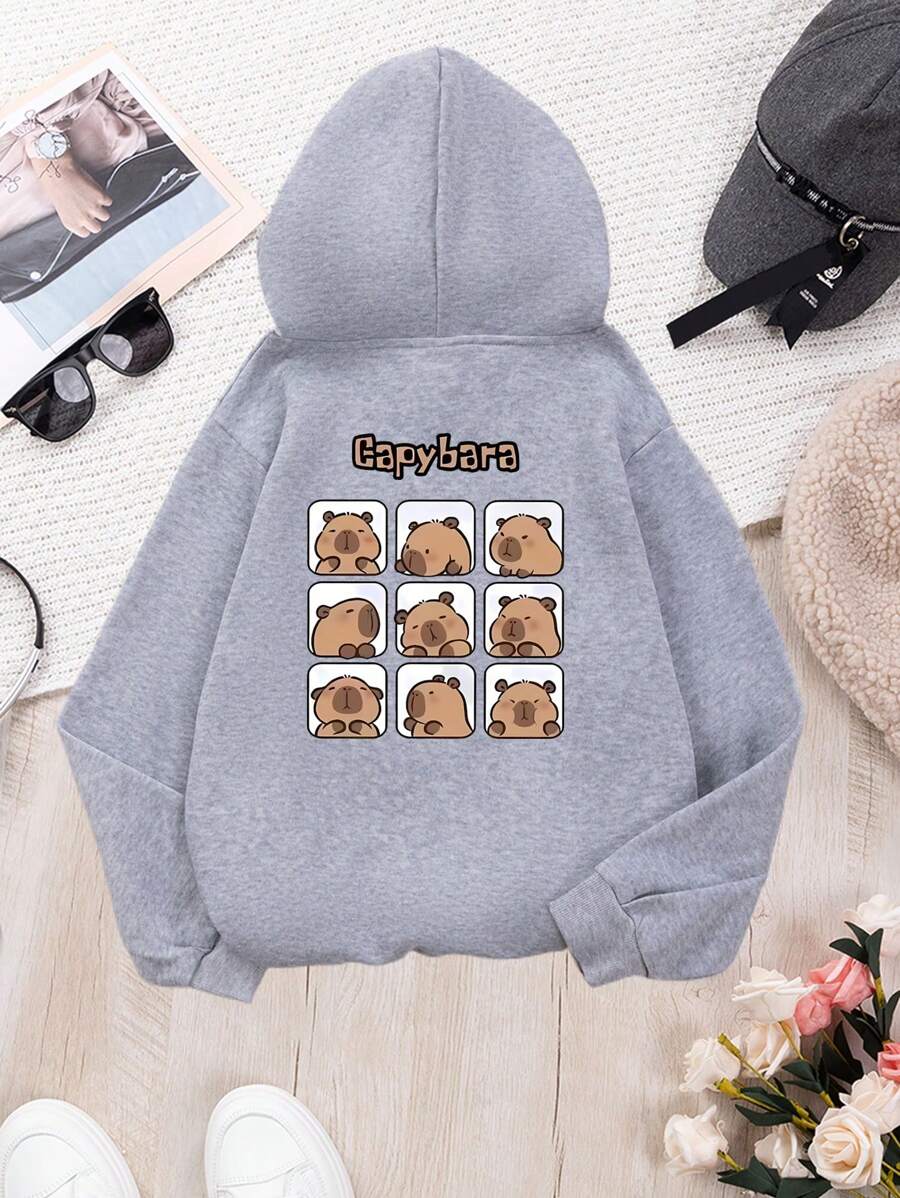 Tween Girls' Cartoon Capybara Print Slogan Hoodie, Casual Daily Wear ...