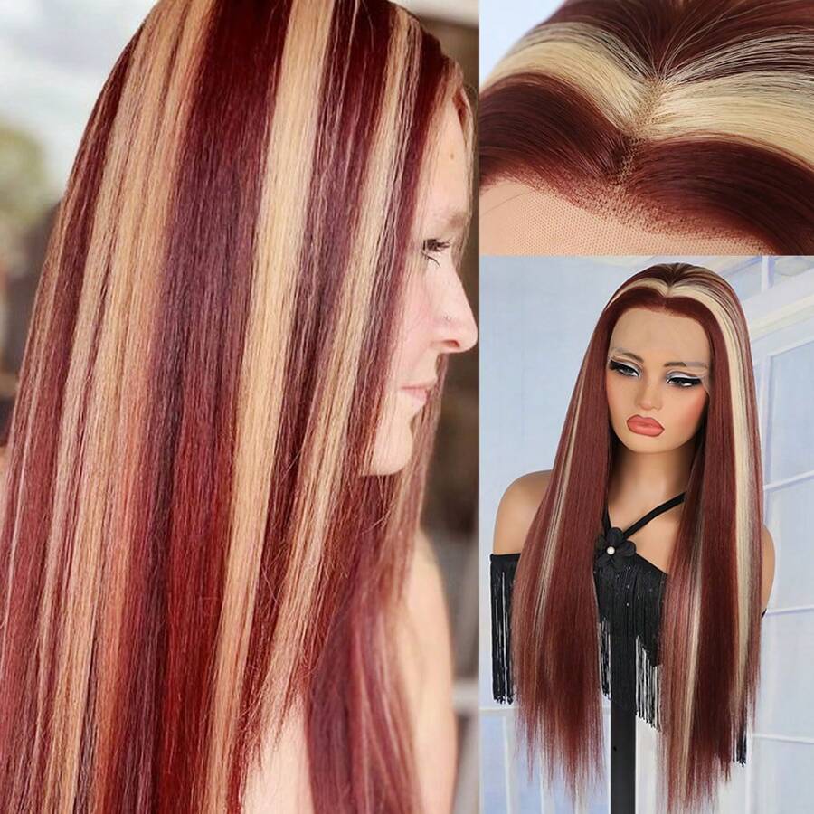Lace Front Wigs Synthetic Blonde Highlights Ombre Reddish Brown Mixed ...