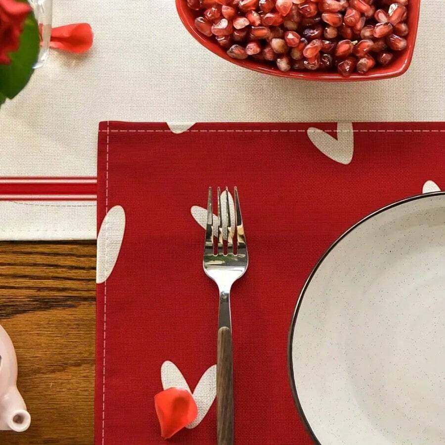 2/4pcs Linen Couple Table Mats, Heart & Letter Pattern Red Placemats ...