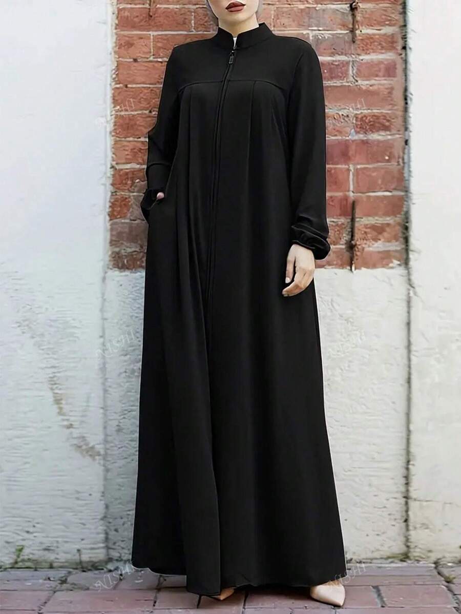 An Elegant Knee-Length Robe With A Stand-Up Collar And Front Zip ...