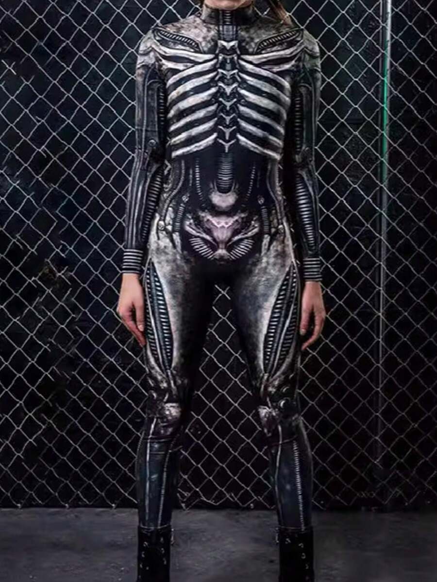 1 Piece Women Sexy Slimming Goth Skeleton Horror Ghoul 3D Digital Print ...