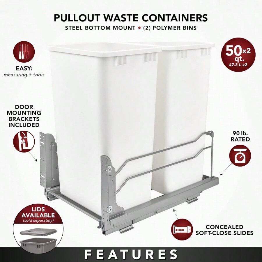 Double Pull Out Trash Can For Full Height Kitchen Cabinets 50 Quart 12. ...
