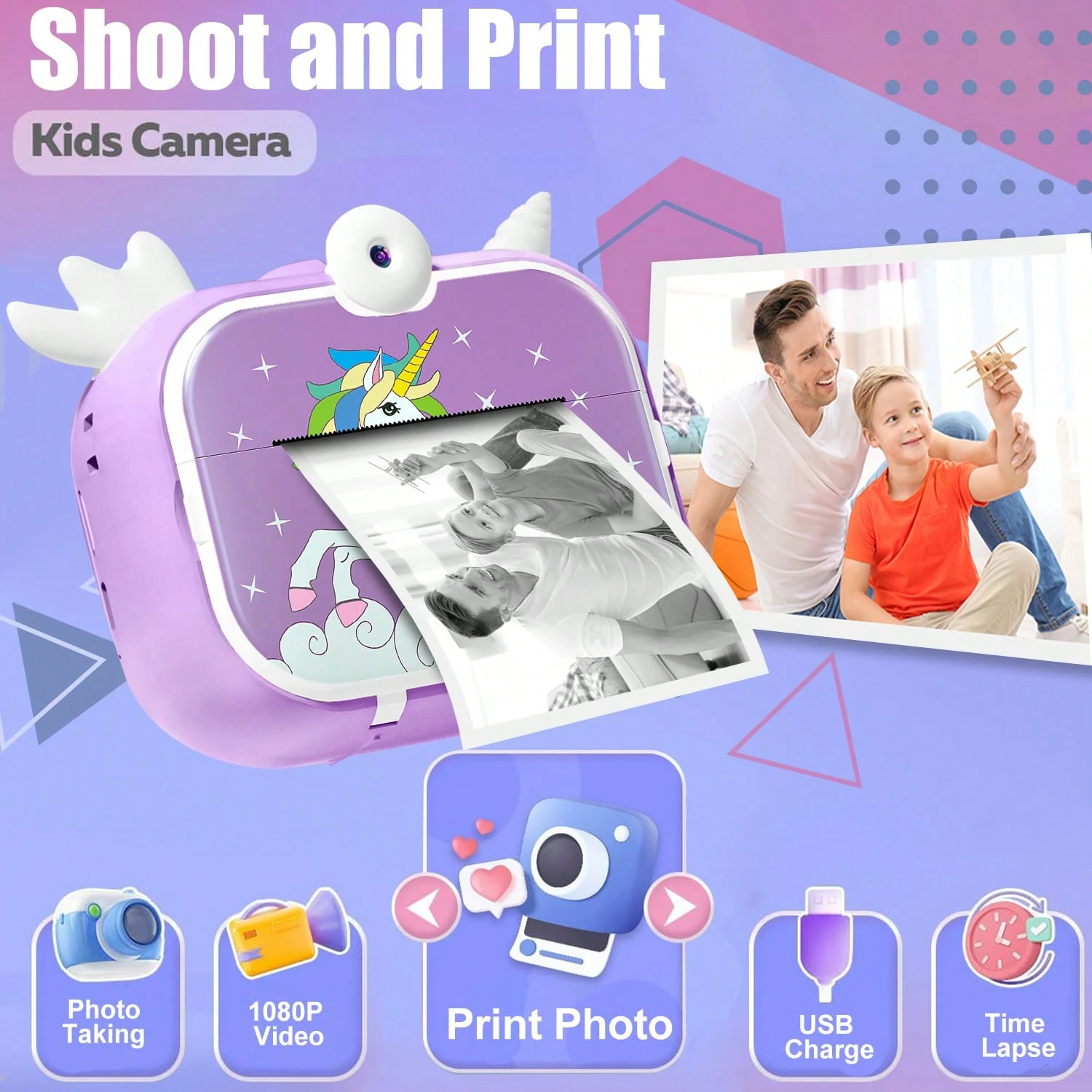 Kids Camera Instant Print, Christmas Birthday Gift For 3-12 Years Old ...