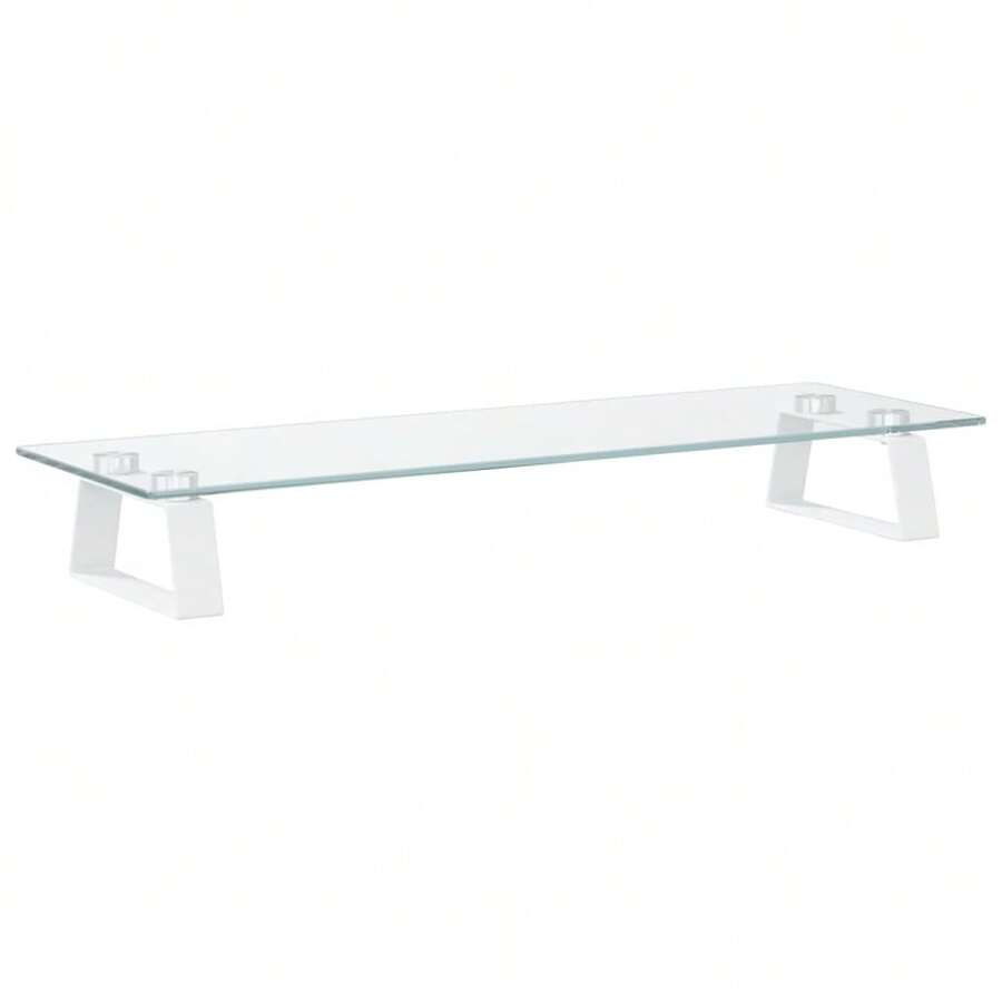 Sleek White Monitor Stand With Tempered Glass And Metal Design 60x20x8 ...