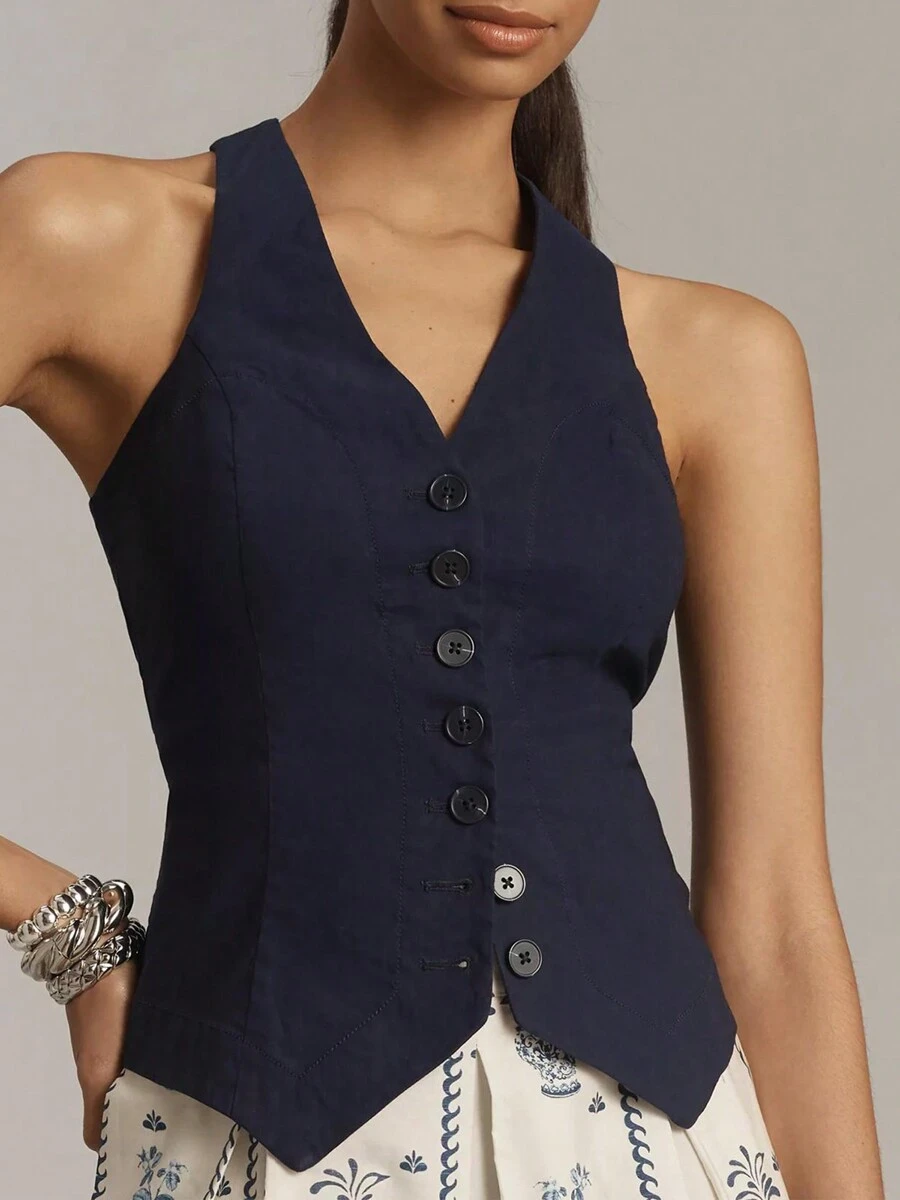 Women's Sleeveless V-Neck Button Down Waistcoat Slim Fit Solid Color ...