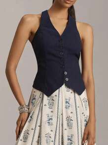 Women's Sleeveless V-Neck Button Down Waistcoat Slim Fit Solid Color ...