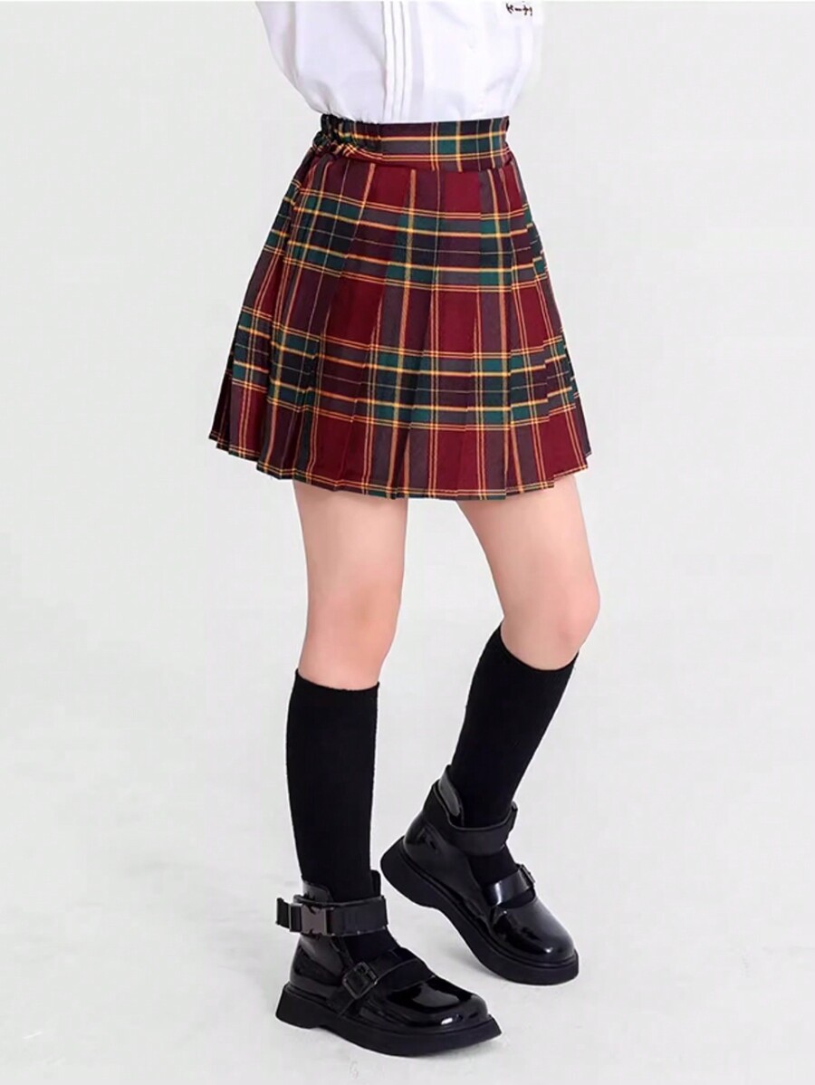 Tween Girls Red Checkered Pleated Skirt, -Kei School Style Skirt For ...