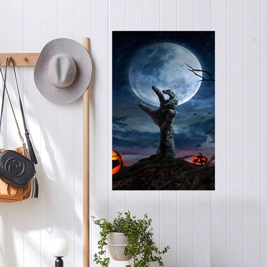 Halloween Resurrection Hand Canvas Art, Spooky Full Moon Background Decor, Dark Horror Style ...