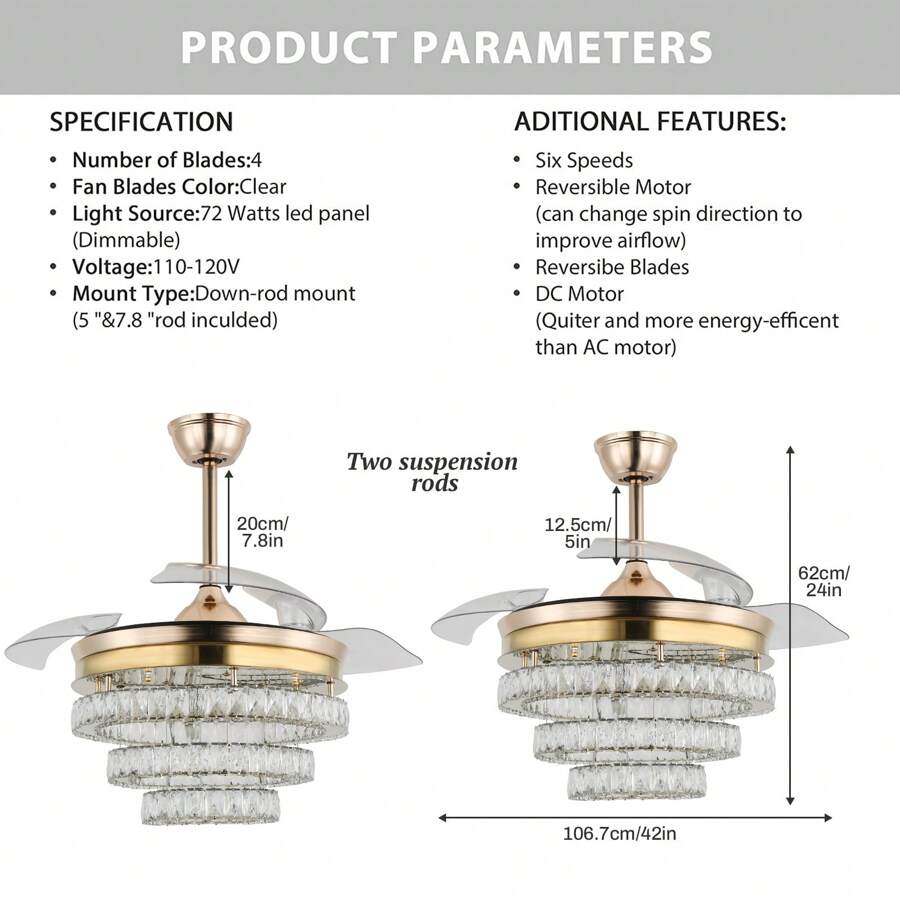 42" Fandeliers With Lights Dimmable Crystal Ceiling Fan With Lights ...
