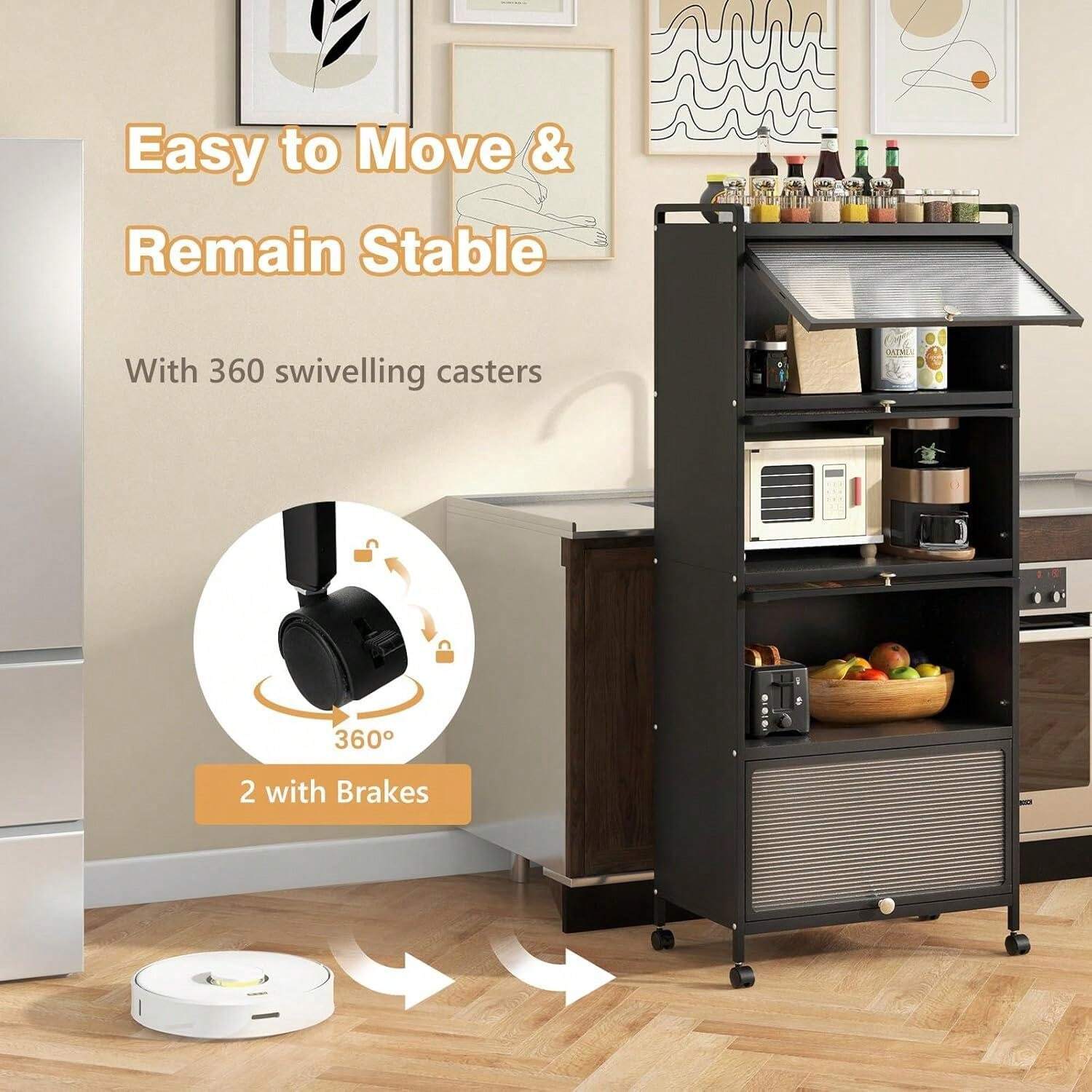 5-Tier Kitchen Storage Cabinet, Mobile Microwave Stand With Flip-Up PC ...