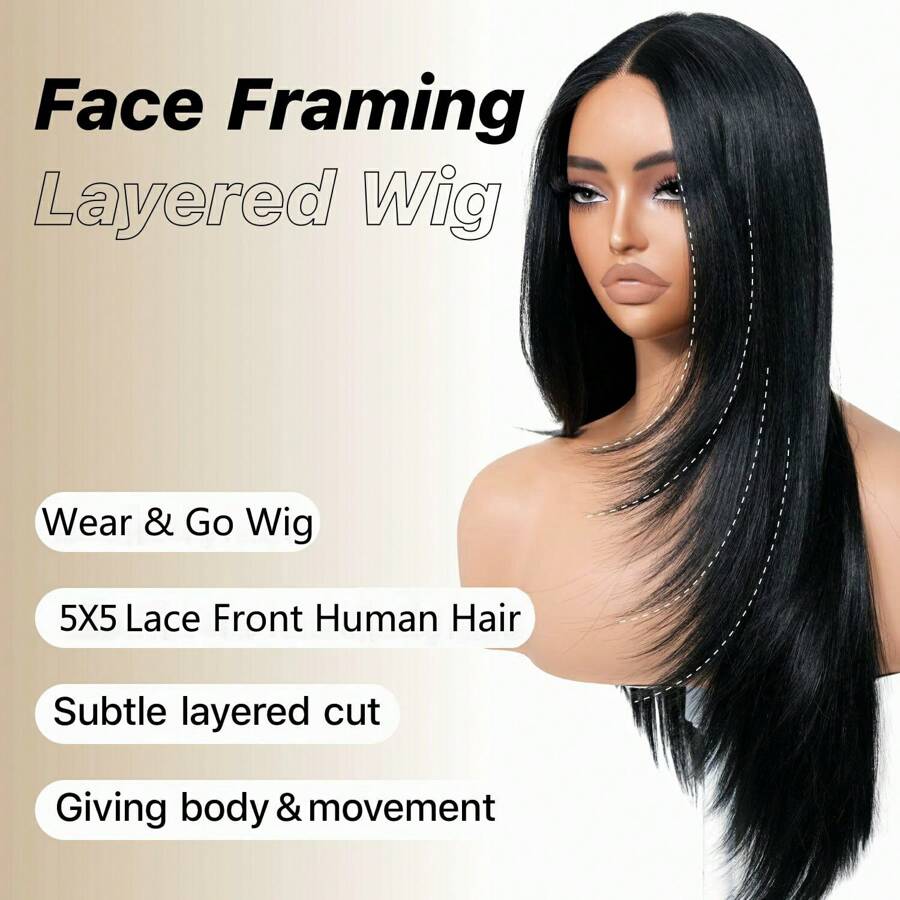 Perruque frontale en dentelle prédécoupée 5x5 à porter directement, avec des couches tendance ...