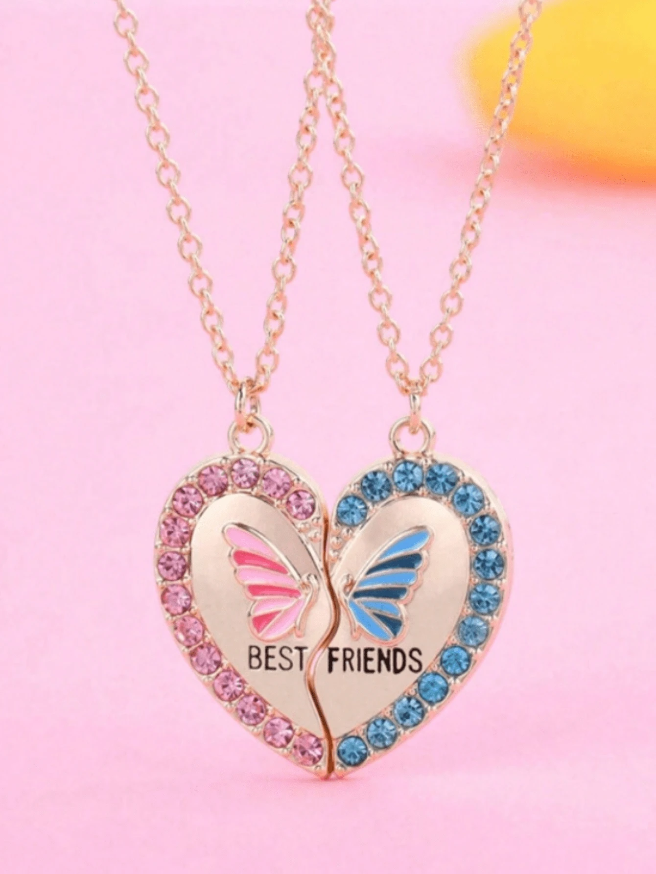2pcs/Set Kids Cute Enamel Butterfly & Heart Interlock Necklaces Set for ...