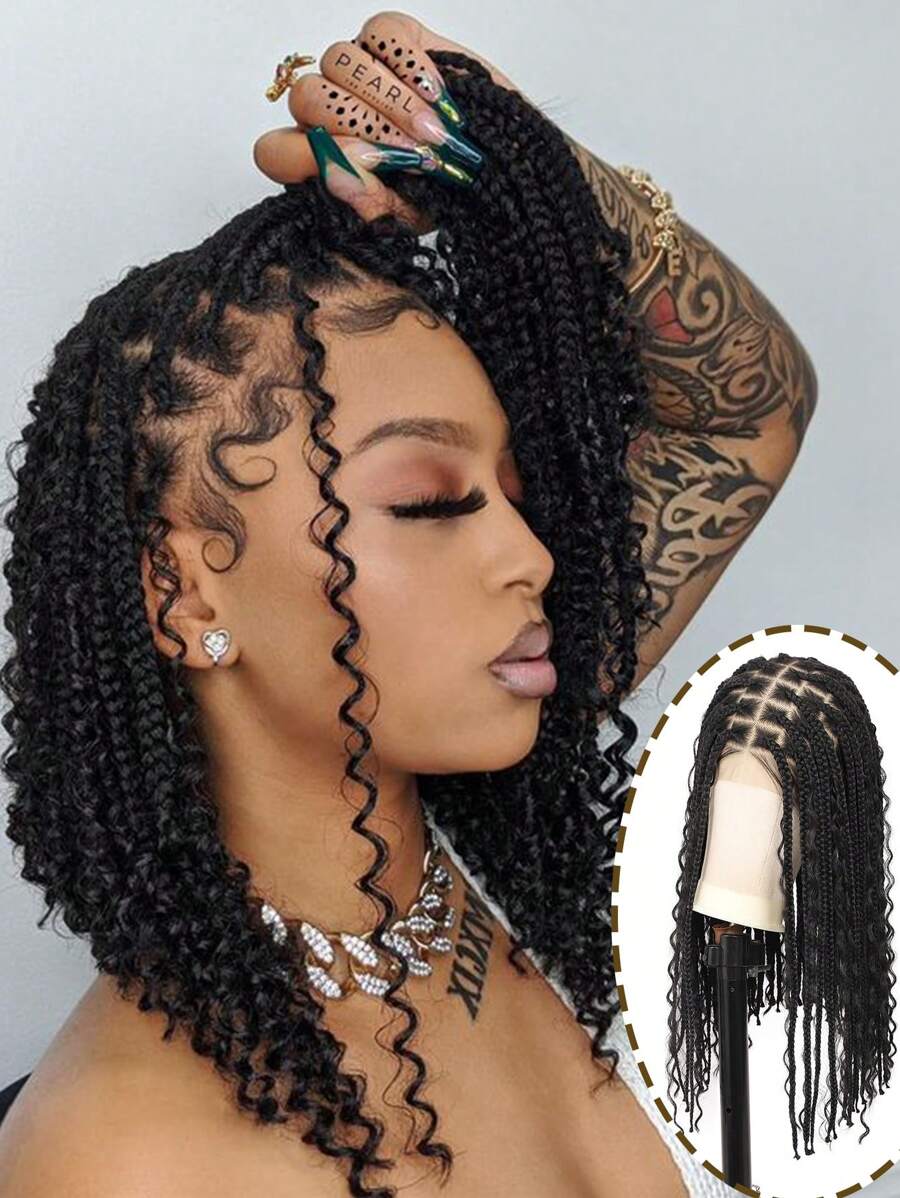 16 Inch Full Lace Front Square Knotless Box Braided Wigs With Curly ...