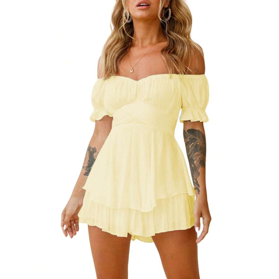 Womens Lantern Ruffle Romper Off Shoulder Short Sleeve Flowy Lyaner ...
